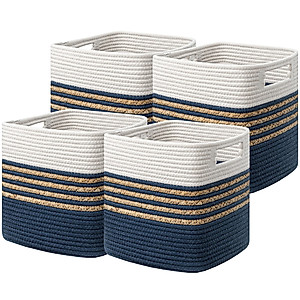UBBCARE Set of 4 Storage Cubes 11 X 10.5 X 10.5 in, Water Hyacinth Storage Bins for Shelves, Toys, Book, Storage Baskets with Handles, Cotton Rope Woven Baskets for Organizing, Blue