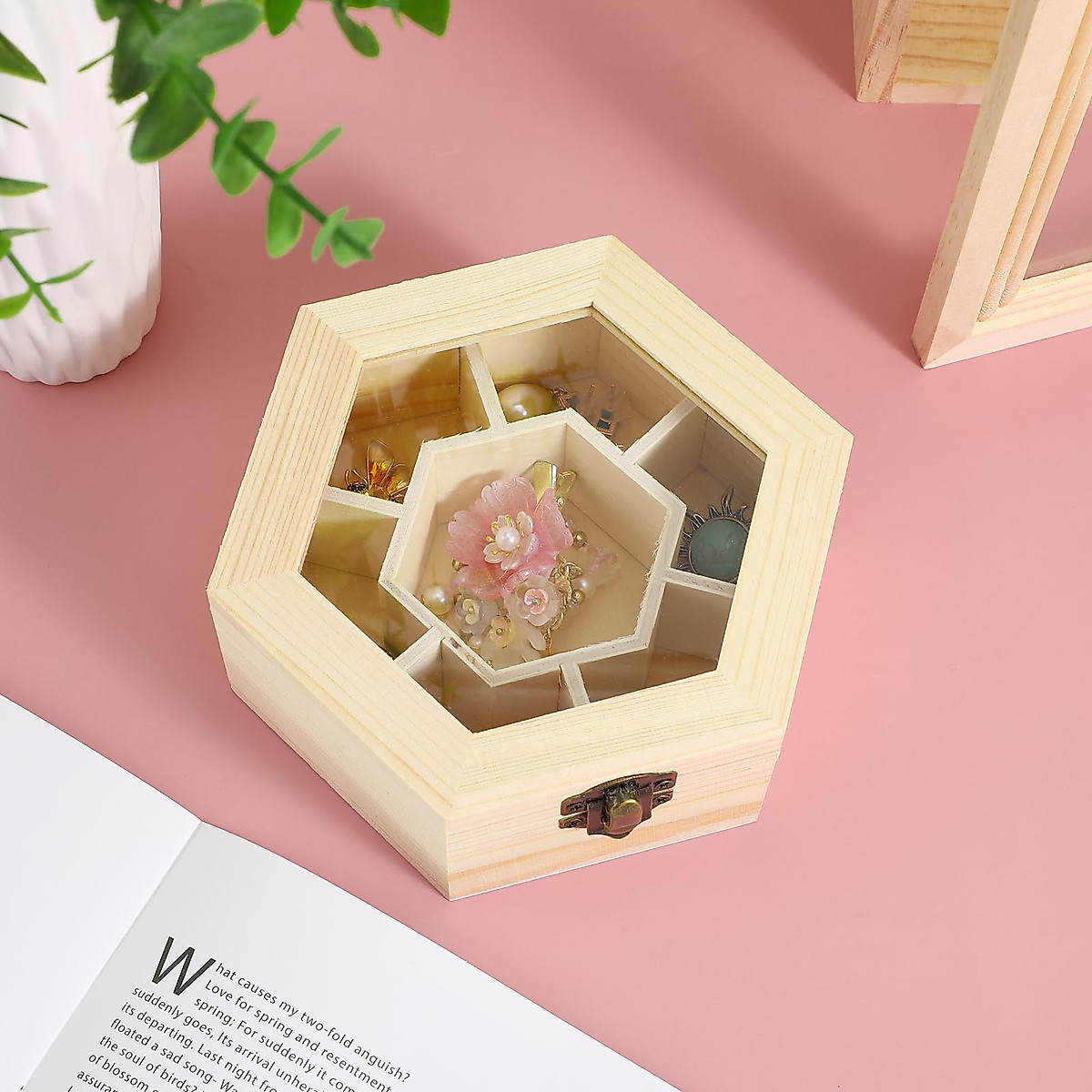 Healifty Necklace Box Unfinished Wooden Box Hexagon Jewelry Organizer Box 7 Compartments Trinket Box Treasure Storage Box for Bracelet Necklace Jewelry Storage Jewelry Box Small