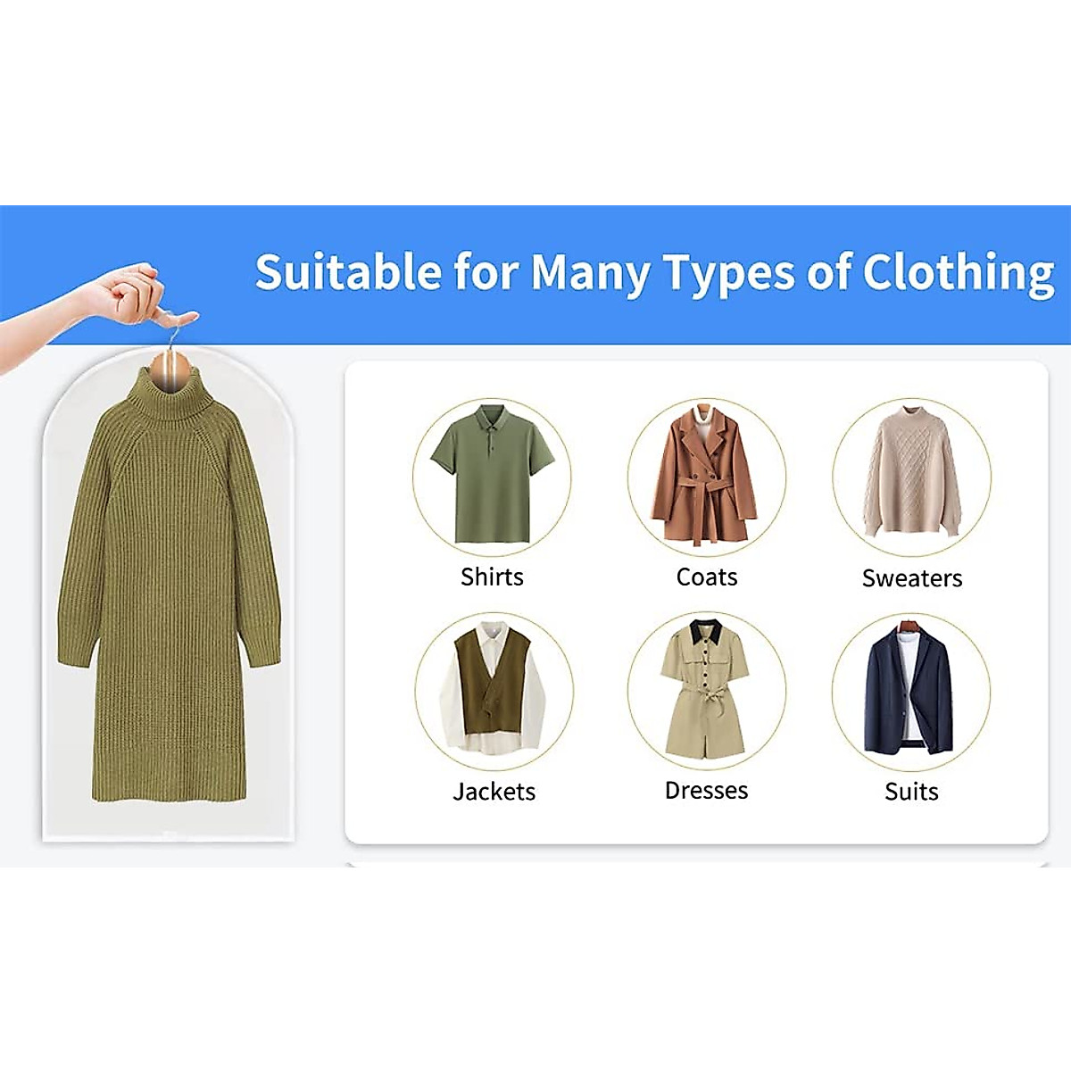 Yehorin Clear Garment Bags for Hanging Clothes, 48'' Plastic Dustproof Suit Bags Cover for Closet Storage, Zippered Garment bags Dress Cover Bags Clothes Protectors for Closet 10 Pack