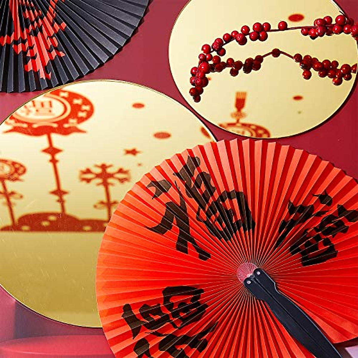 10 Pieces Chinese New Year Fans Chinese Character Folding Fan Oriental Handheld Paper Fans Japanese Round Fan for Wedding Birthday Party Supply Decoration (Traditional Style)