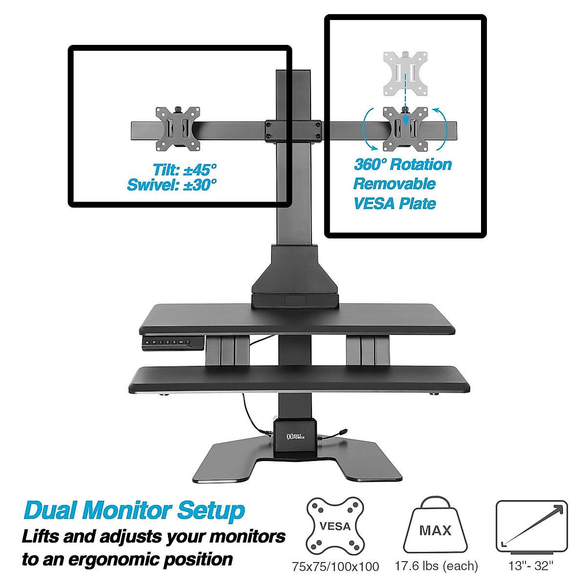 AVLT Dual 32" Monitor Electric Standing Desk Converter with Huge Keyboard Tray Extra Large 28"x 16" Spacious Tabletop Motorized Automatic Height Adjustable Sit to Stand Table Sturdy Small Footprint