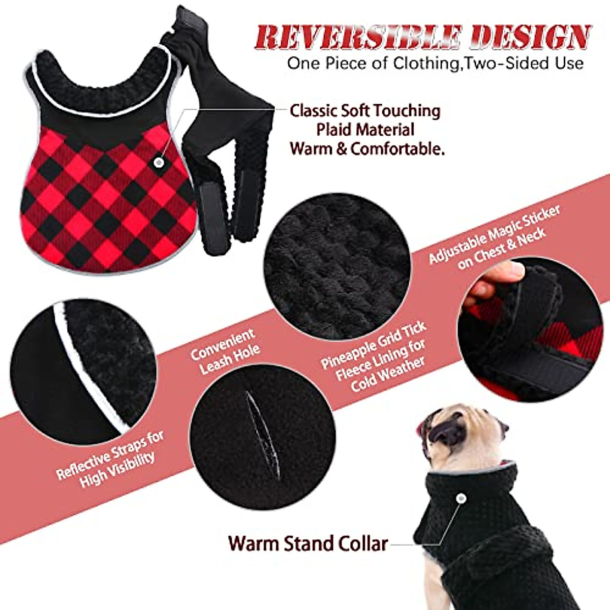 ROZKITCH Reversible Dog Winter Coat Vest, British Style Plaid Fleece Warm Christmas Clothes, Warm Reflective Cold Weather Dog Jacket with Harness Hole for for Small Medium Large Dogs Puppy 3XL