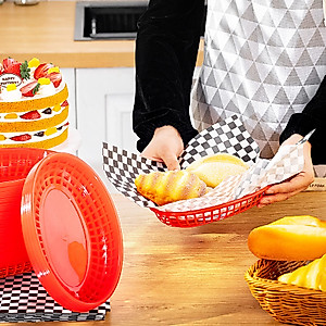 48 Pack Red Oval Fast Food Basket and 200 Pack Black Checkered Deli Liner Set 8.9 x 5.7 x 1.8 Inch Retro Style Plastic Food Baskets for Serving Burger Chip Food Baskets for Home, Restaurants, Picnic