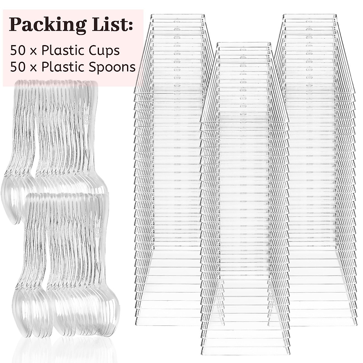 TOFLEN 50 Pack 3.5 oz Plastic Dessert Cups with Spoons for Party, Mini Square Dessert Cups for Yogurt, Parfait, Pudding, Jello and Appetizers, Dessert Shooters