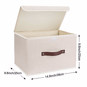 TYEERS Collapsible Storage Boxes, Washable Fabric Storage Bins with Lids, 14.9x9.8x9.8 inches, 3 Pack, Beige