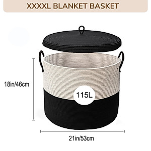 Echueuey 115L Extra Large storage basket with lid, blanket basket with lid for living room,extra large laundry basket,large round basket with lid,wicker basket with lid,Black 21" x 21" x 18"