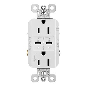 Legrand radiant R26USBPDW 15 Amp Tamper-Resistant Decorator Duplex Receptacle Outlet with Ultra Fast USB C/C 6.0A Charging Ports PLUS 30W Power Delivery, White (1 Count)
