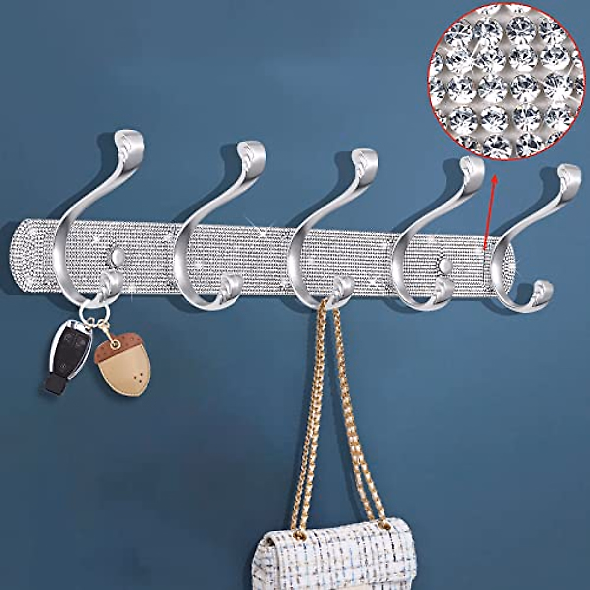 BlackFish Coat Rack Wall Mount,Shiny Silver Rhinestones Wall Mounted Coat Rack 5 Hooks,Key Hooks Decorative for Wall,Double Coat Hook Wall Hook Rack Suitable for Coat Hat Towel Purse Robes（1 Pcs