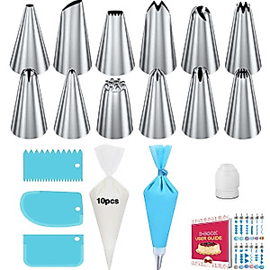 Tingjia Piping Bags and Tips Set, Cupcake Piping Tips Cake Decorating Kit with 12 Cake Frosting Icing Tips, 11 Pastry Bags, 3 Cake Scrapers, 1 Reusable Couplers for Baking