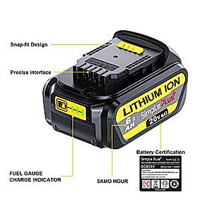 Simple Plus+ 2Packs Replacement Battery for Dewalt 20V MAX XR Battery Lithium Ion 6.0Ah Compatible with Dewalt Battery 20v DCB206 DCB205 DCB204 DCB180 DCB200 Fit for Dewalt 20V Max XR Cordless Tools