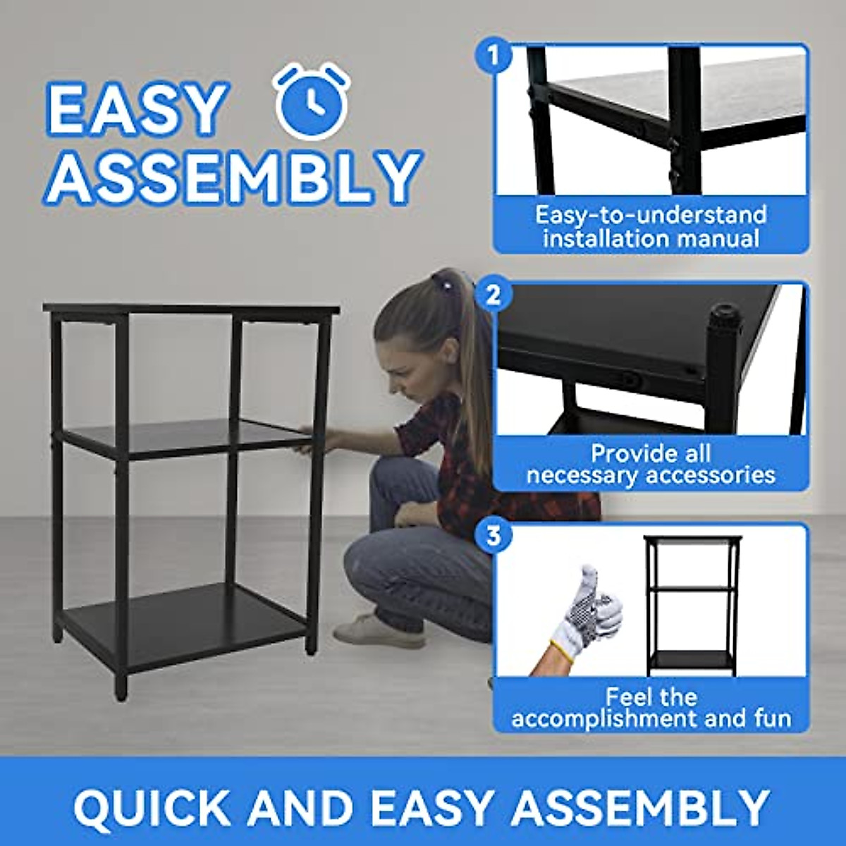 ECOMEX Small Bookshelf, Standing Metal Frame Book Shelves, 3 Tier Industrial Bookshelf Wood Bookcase Shelves Storage for Living Room Bedroom and Office, 3 Tiers Open Shelf/Display Rack, Black