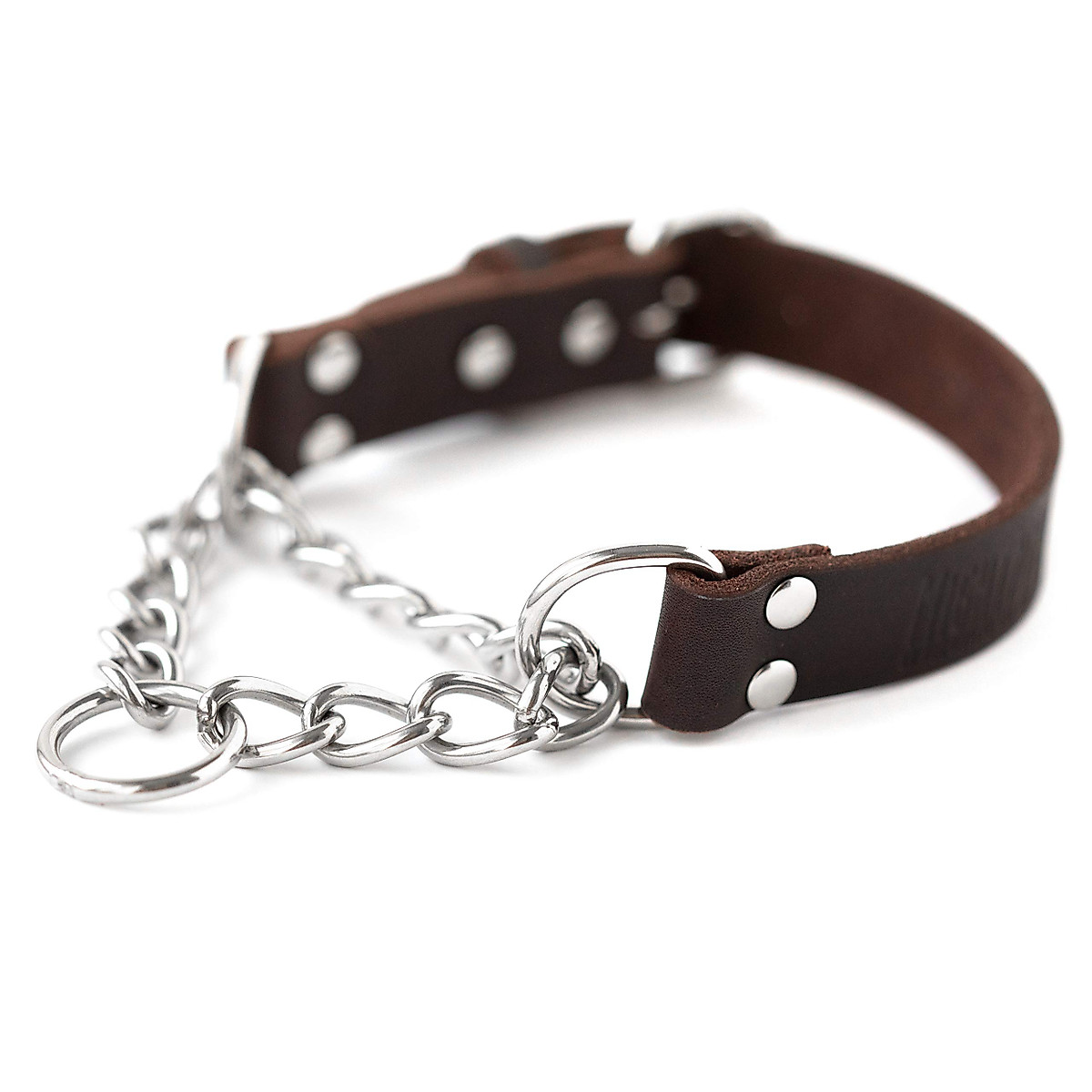 Mighty Paw Martingale Dog Collar - No Pull Design - Stainless Steel Chain - Limited Chain Cinch Training - Dog Collar Leather Martingale - Brown Leather Martingale Training Collar - Large Size Collar