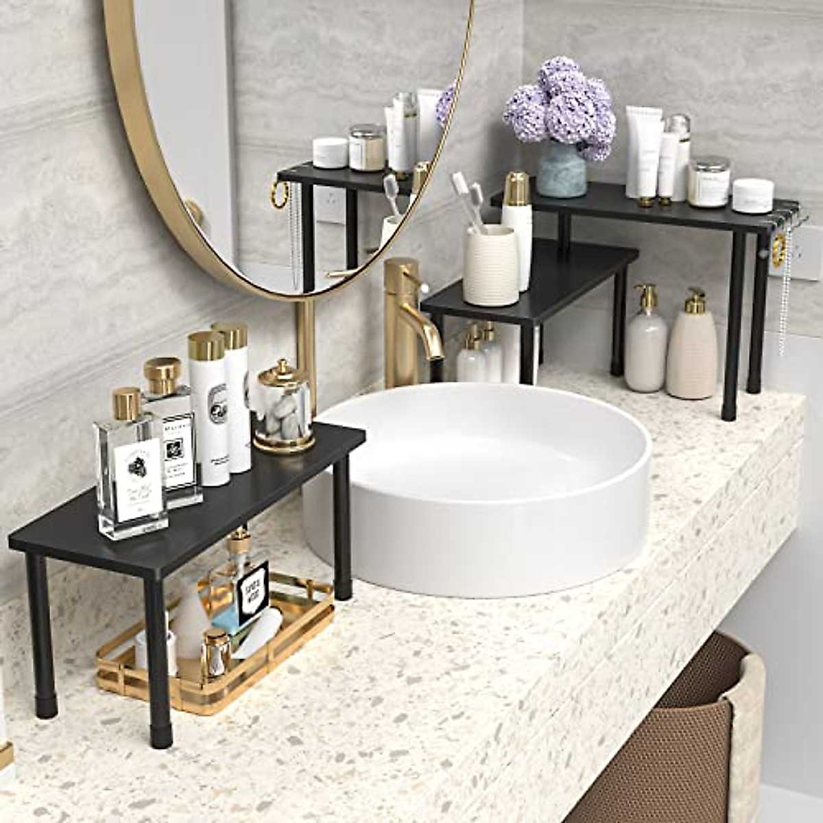 JayRex Bathroom Organizer Countertop Counter 2 Tier Kitchen Corner Counter Shelf Separable for Multiple Use