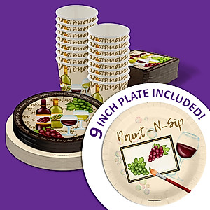 Birthday Galore Paint and Sip Party Supplies - 64 Piece Disposable Tableware Set For Bridal Shower - Wine Paper Plates Napkins Cups - Kit for 16