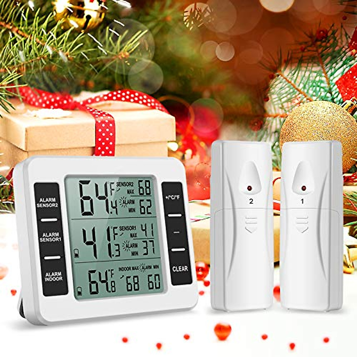 ORIA Refrigerator Thermometer, Wireless Digital Freezer Thermometer with 2 Wireless Sensors, Wireless Indoor Outdoor Thermometer, Audible Alarm, Min and Max Display, LCD Display for Home, Restaurants