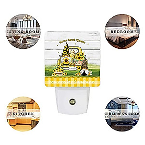 Plug-in Night Light,Gnome Sunflower Truck Yellow Plaid Wall LED Lamp with Sensor Auto Dusk to Dawn Sensor,Farm Green Grass Rustic Plank Nightlights for Bedroom Bathroom Kitchen Hallway Stairs Decor