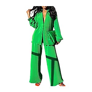 Womens 2 Piece outfits - Long Sleeve +Short Pants Button Blouse Top Wide Leg Loose Streetwear Loungewear