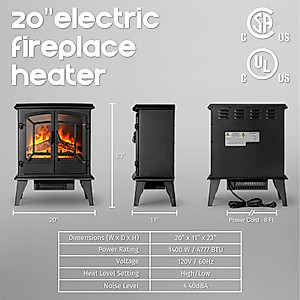 Della 19 Inch 1400W Electric Fireplace Compact Freestanding Portable Stove Heater with Realistic Wood Burning Flame Effect, for Living Room or Bedroom - Black