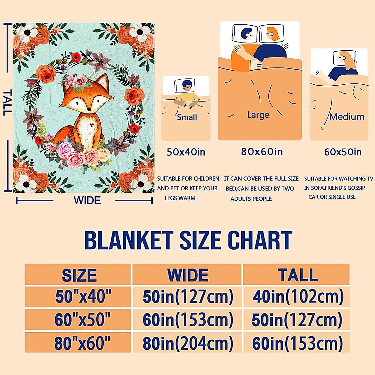 Fox Blanket Flower Fox Print Throw Blanket Super Soft Flannel Blankets Gifts for Kids Adults 60"x50"