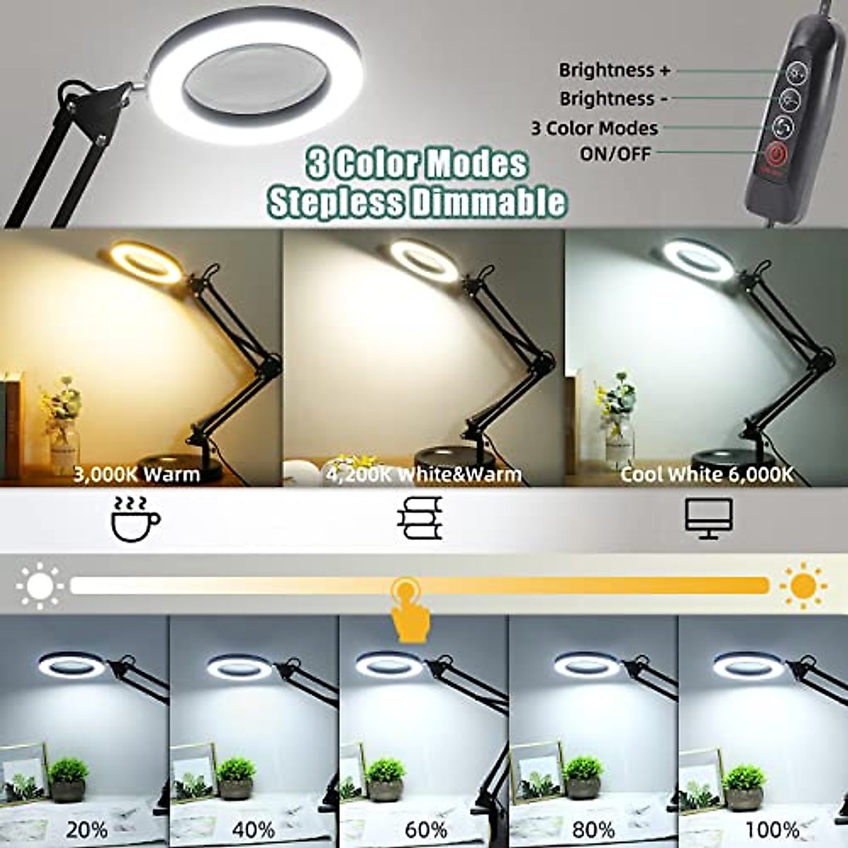 Magnifying Glass with Light and Stand, Veemagni 5X Real Glass 2-in-1 Desk Lamp & Clamp, 3 Color Modes Stepless Dimmable, LED Lighted Magnifier with Light for Hobby Reading Crafts Repair Close Works