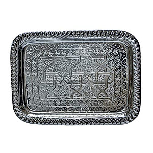 13.3 Inch Rectangular Moroccan Handmade Serving Tea Tray Silver Plated Brass Handcrafted Plate in Fez Morocco
