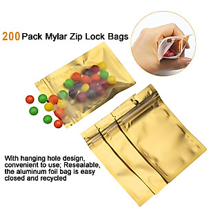 Luckkyme 200 Pack Mylar Zip Lock Bags Aluminum Foil Bags Durable Double-Sided Metallic Foil Mylar Flat Mini Ziplock Bag 7.5 x 12 cm/ 3 x 4.7 Inch (Gold)