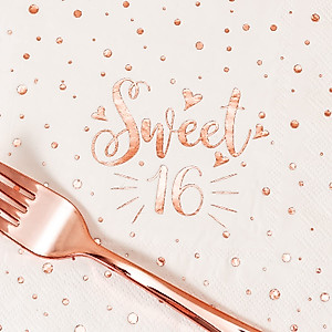 Crisky Rose Gold Sweet 16 Birthday Napkins Plates Cups Set for Girl 16th Birthday Party Decorations Supplies, Disposable Tableware Set of 24 (9" Plates, 7" Plates, Luncheon Napkins, 9oz Cups)