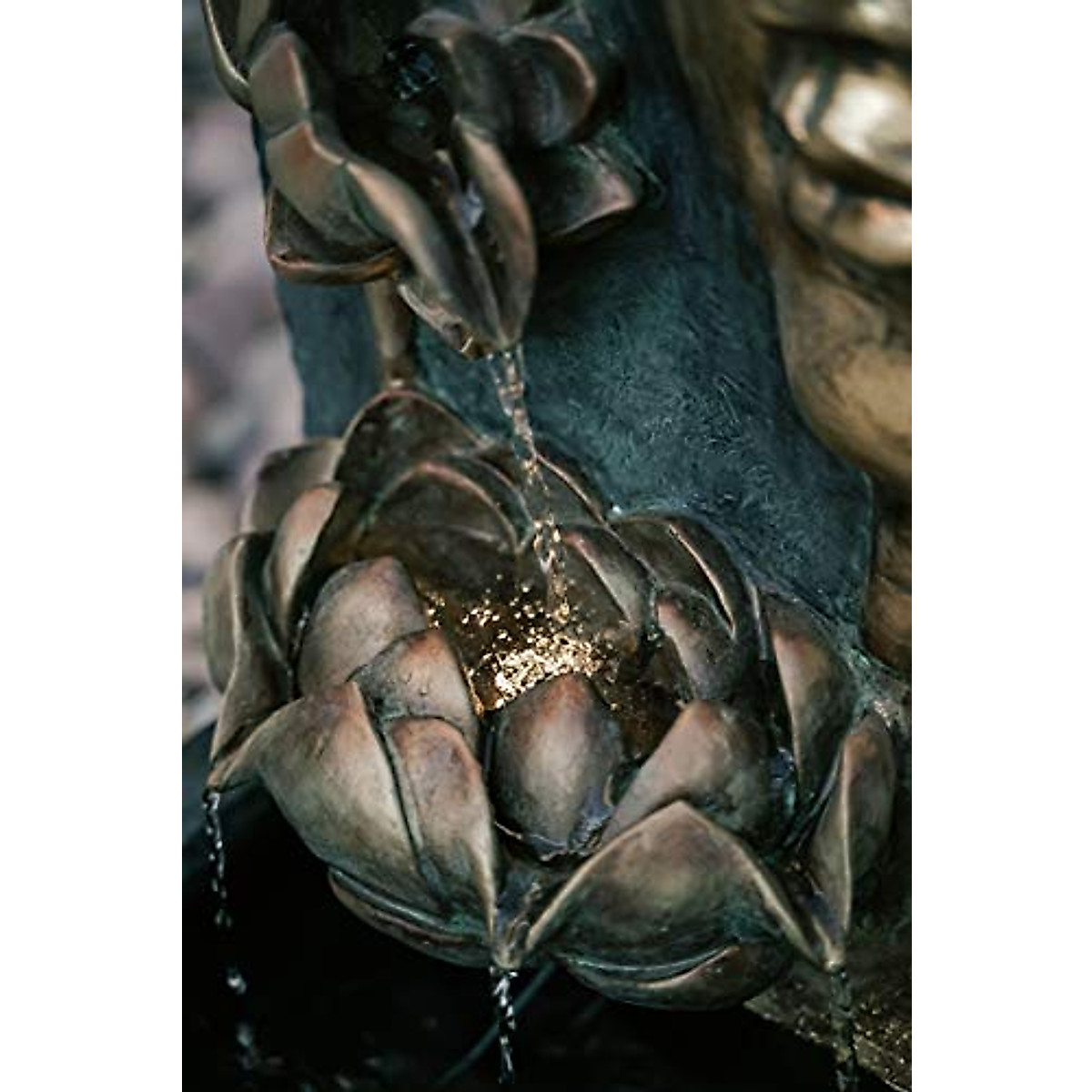 XBrand 30" H Bronze and Natural Grey Polyresin Indoor Outdoor Cascading Lotus Buddha Face Water Fountain w/LED Light, Freestanding, Relaxing Zen Décor for Home Patio Garden Backyard