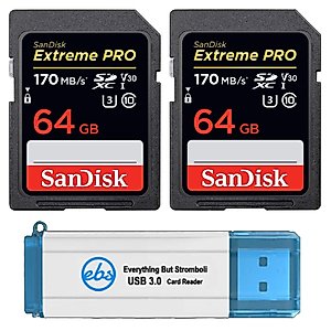 SanDisk 64GB SDXC SD Extreme Pro Memory Card (Two Pack) Bundle works with Nikon D3500, D7500, D5600 Digital DSLR Camera 4K V30 U3 (SDSDXXY-064G-GN4IN) Plus (1) Everything But Stromboli (TM) 3.0 Reader