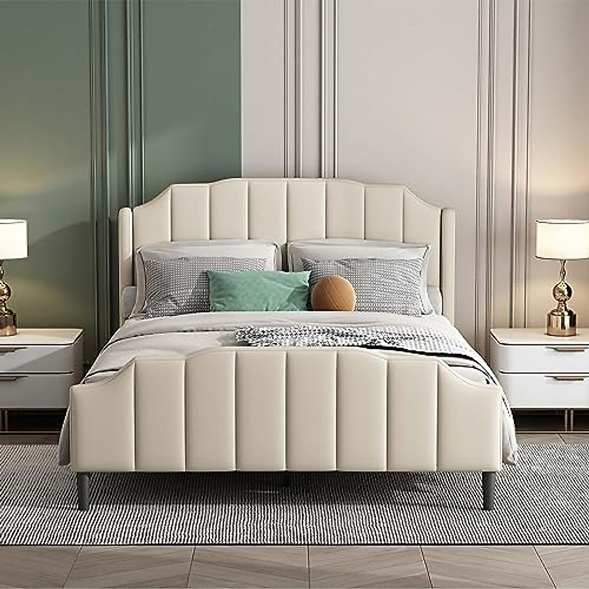 Queen Size Velvet Upholstered Platform Bed Frame with Comfortable Headboard, Modern Elegant Platform Bed with Sturdy Wood Slats Support & Footboard for Bedroom Girls, No Box Spring Needed (Beige)