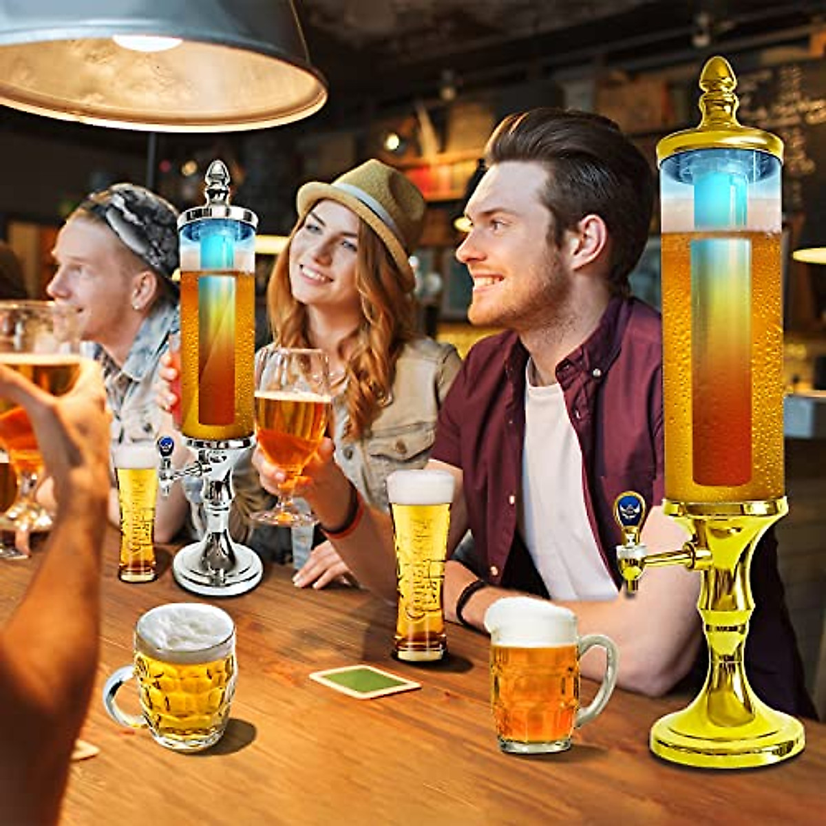 Drink Tower Dispenser with Ice Tube and LED Light - 3.2 Qt./3 L, Margarita Mimosa Tower Drink Dispenser with Tap, Freeze Tube Keep Beverages Cold, Perfect for Party Bar Gameday(Gold)