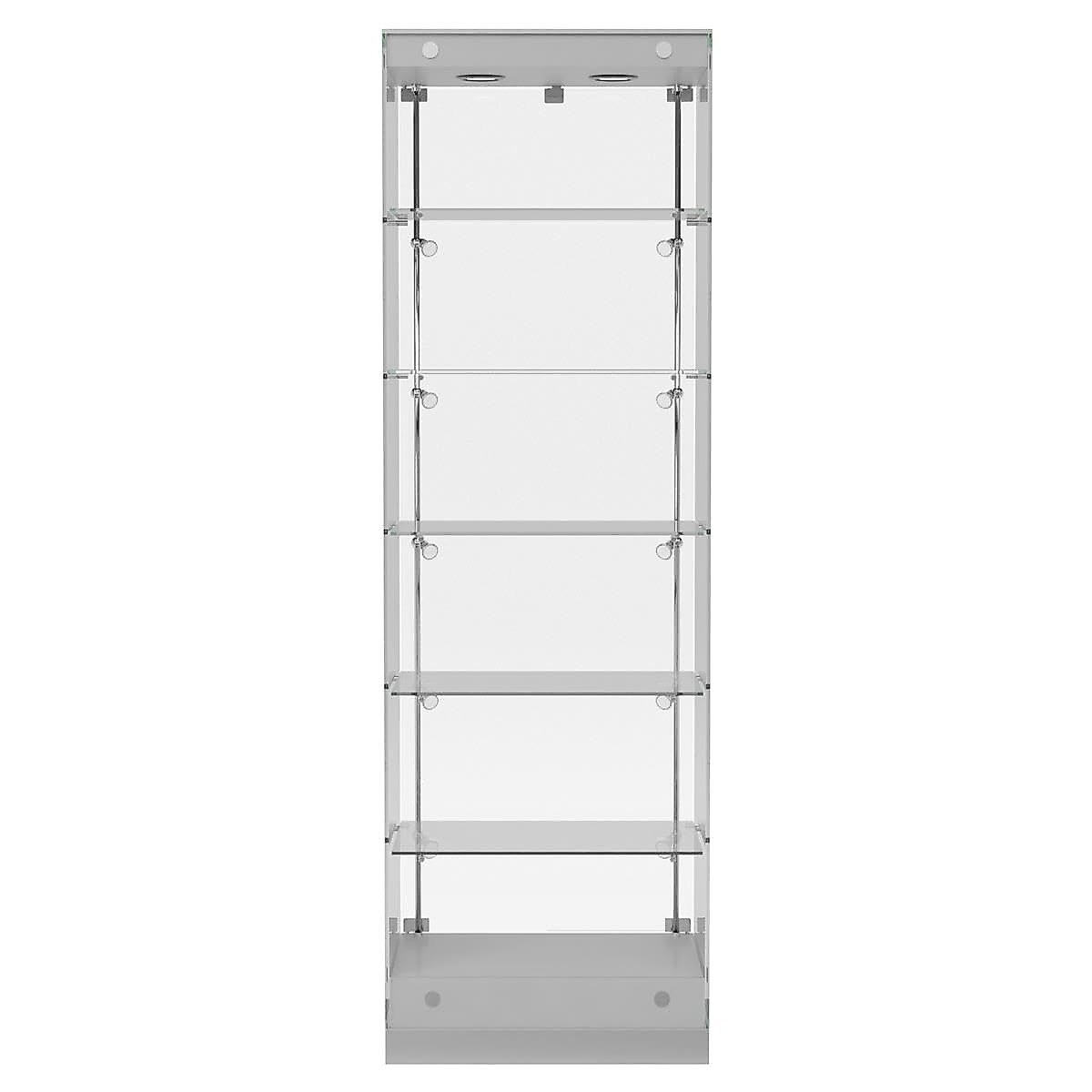 Displays2go Glass Display Case with LED Lighting, Locking Swing Open Door, Tempered Glass Shelves with MDF Top & Base – Clear & Silver (GTAP24LEDS)