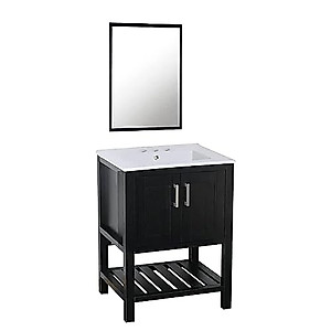 LUCKWIND 24" Black Bathroom Vanity Sink Combo, Modern Bathroom Cabinet with Space Save Bottom Shelf, Overflow 3-Hole Drop in Ceramic Vessel Sink Top & Mirror, Excluding Faucet