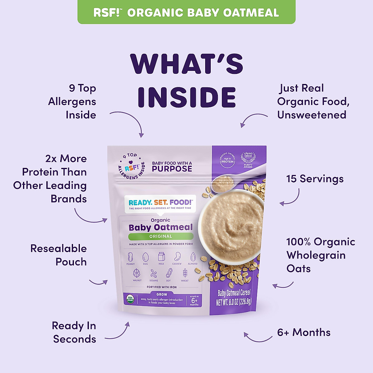 Ready, Set, Food! Organic Baby Oatmeal Cereal | Original | Organic Baby Food with 9 Top Allergens: Peanut, Egg, Milk, Cashew, Almond, Walnut, Sesame, Soy & Wheat | Unsweetened | Fortified with Iron | 15 Servings