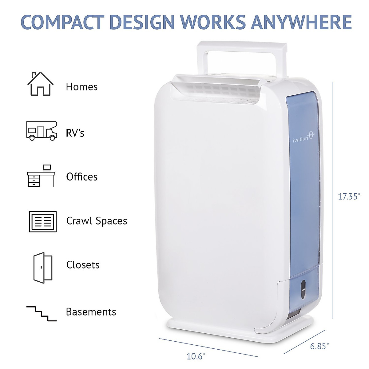Ivation 13-Pint Small-Area Desiccant Dehumidifier Compact and Quiet - With Continuous Drain Hose for Smaller Spaces, Bathroom, Attic, Crawlspace and Closets - For Spaces Up To 270 Sq Ft, White