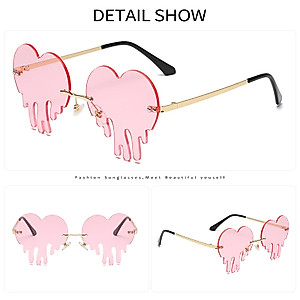 BOJOD Dripping Heart Shaped Sunglasses for Women Rimless Tinted 90s Melting Drippy Heart Glasses colored Sunglasses for Party PINK