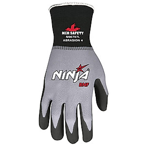 MCR Safety Ninja BNF N96797S Work Gloves, 15 Gauge NylonSpandex Shell, Breathable Nitrile Foam(BNF) Coated Palm & Fingertips with Grip Dots, Small, Black