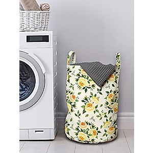 Lunarable Rose Laundry Bag, Roses Hybrid Flora Park Summer European Old Fashioned Antique Design Pattern, Hamper Basket with Handles Drawstring Closure for Laundromats, 13" x 19", Yellow Green Beige