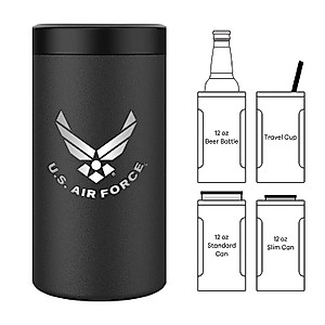 Air Force 4 in 1 Insulated Can Cooler, Stainless Steel Double-Walled Insulator for 12 oz Standard or Skinny Slim Cans, 12 Oz Beer Bottles & Mixed Drinks – Gifts for Airmen
