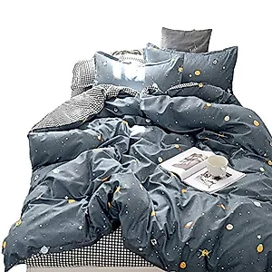 Feelyou Universe Galaxy Bedding Blue Stars Duvet Cover Set for Kids Teens Decorative Outer Space and White Black Plaid Reversible Design Comforter Cover Soft Microfiber Bedding Sets Full Size,Zipper