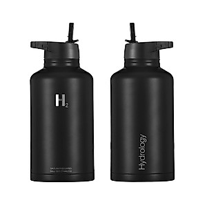 H2 HYDROLOGY Water Bottle - 18 oz, 22 oz, 32 oz, 40 oz, or 64 oz with 3 LIDS Double Wall Vacuum Insulated Stainless Steel Wide Mouth Sports Hot & Cold Thermos (64 oz, Black)