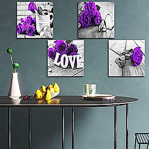 Purple Pictures Wall Decor Flowers Canvas Wall Art for Couples Bedroom Romantic Rose Bathroom Painting Black and White Grey Love Themed Floral Poster Living Room Modern Home Decorations 12x12" 4 Pcs