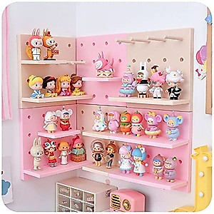HGYZE Peg Boards for Walls with Shelf & Hooks, No Punching Craft Room Storage for Bedroom Garage Living Room Office, Pegboard Ledges Organizer, 4 Pack Decorative Wall Panel Kits - 22cm Square (Pink)