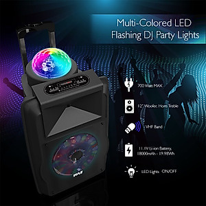 Pyle Wireless Portable PA Speaker System - 700 W Battery Powered Rechargeable Sound Speaker and Microphone Set with Bluetooth MP3 USB Micro SD FM Radio AUX 1/4" DJ lights - For PA / Party