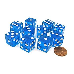 16mm d6 Blue Translucent Square Edge Dice with Pips