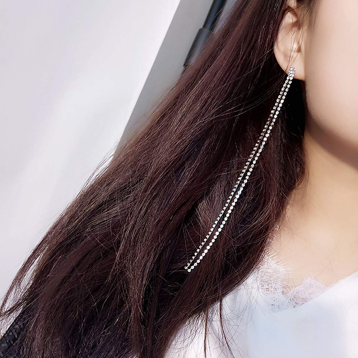 HUJUON Elegant Long Rhinestone Chain Earrings. Punk Double Strand Tassel Line Earrings Minimalism Crystal Drop Earrings for Women Wedding Jewelry (Silver)