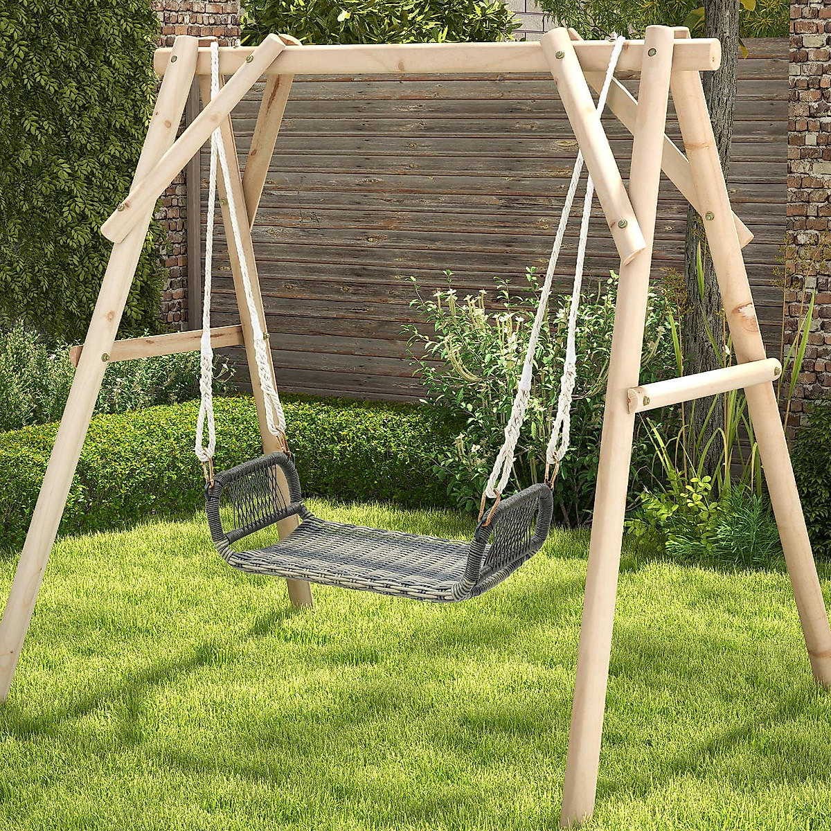 HAPPYGRILL Wicker Porch Swing, Curved Rattan Swing Seat with Cozy Armrests, Patio Wicker Tree Swing with 2 Hanging Hemp Ropes, Outdoor Swing Chair for Front Porch Backyard