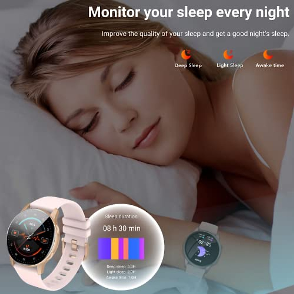 Holiday Smart Watches for Women, 1.32" AMOLED Touch Screen Ladies Fitness Watch with Heart Rate Monitor Sleep Step Counter Tracker Pedometer, IP68 Waterproof Smartwatch for Android iOS Phone