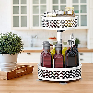 LBW Lazy Susan Organizer, 2 Tier Spice Turntable Organizer for Cabinet with Metal Sell, 10.2''Lx13.9''H Adjustable Spice Rack for Kichen Bathroom Table, White
