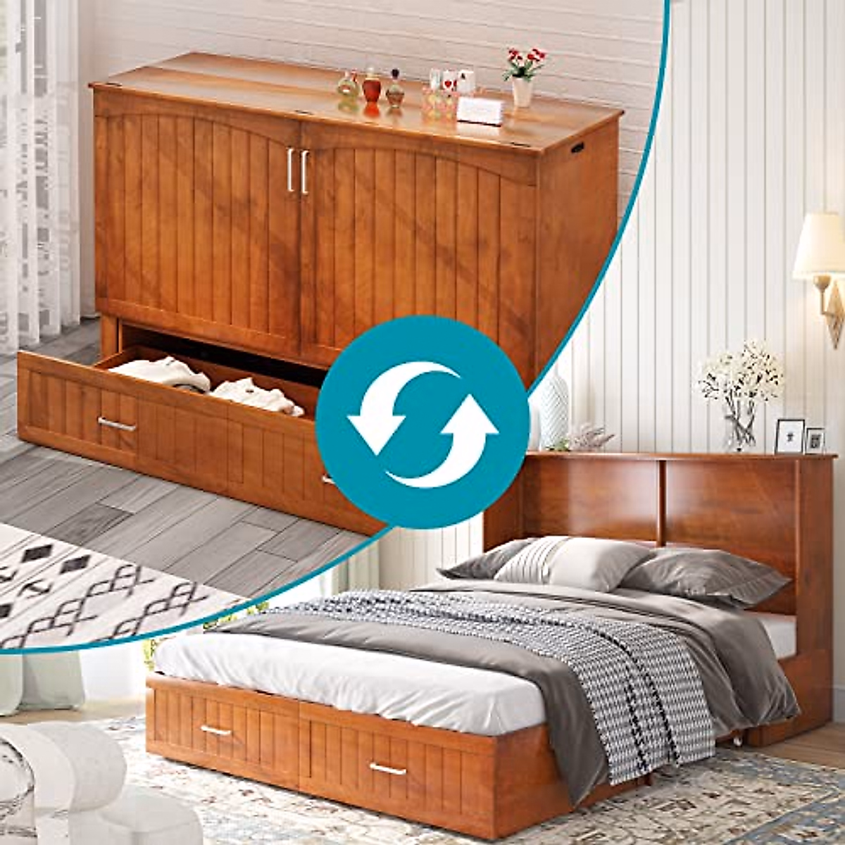 BALUS Murphy Bed Cabinet with Mattress,Modern Muti-Functional Cube Cabinet Bed with USB Charging Station&2 Large Drawers&3 Level Folding Foam Mattress for Living Room/Loft/Apartment,Queen (Redwood)